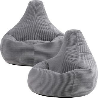 Icon Brand Dalton Sitzsack Cord, Grau, 2er-Pack, Gaming Sitzsack Erwachsene mit Füllung, Bean Bag, Cord Sessel, Lounge Sessel, Lounge Stuhl, Schlafzimmer, Wohnzi