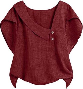 Generic Haut en coton et lin pour femme - Haut &agrave; manches courtes - Couleur unie - Tunique d&eacute;contract&eacute;e &agrave; col en V - Chemise en mousseline de couleur unie - Bl