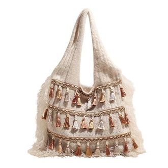 Generic Sac &agrave; bandouli&egrave;re en tricot &agrave; pompons style ethnique boh&egrave;me pour femme, travail, shopping, voyage, quotidien, blanc, 370*20*300mm