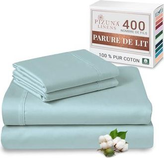 Pizuna Coton Peign&eacute; Parure de Lit 180x200 cm Complet Bleu b&eacute;b&eacute;, 100% Coton Longue Dur&eacute;e 400 Fils Armure Satin Comprend 1 Drap Housse, 1 Drap Plat, 2 Taie dor