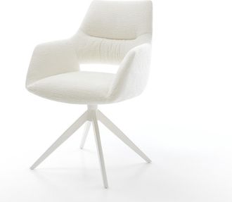 DELIFE Drehstuhl Yago-Flex mit Armlehnen Boucl&eacute; Soft Beige Kreuzgestell breit Wei&szlig; 360&deg; drehbar Wippfunktion Taschenfederkern, Esszimmerst&uuml;hle