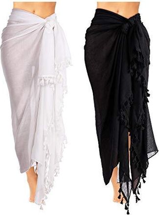 Boao 2 Cache-Maillots de Plage Sarongs Longs à Batik Paréo à Gland (Noir, Blanc, XL)