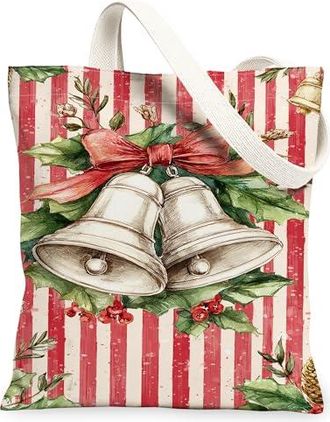 Generic Sacs fourre-tout en toile de vacances, motif cloche et houx, sacs &agrave; provisions r&eacute;utilisables, ray&eacute;s festifs, l&eacute;gers et lavables, Rouge, 13x15 Inch