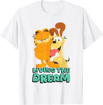 Garfield T-Shirt für Unisex Erwachsene - Weiß, Kurzarm, Klein, Cartoon-Motiv mit Garfield und Odie, Klassisch geschnitten, Doppelt genähter Saum