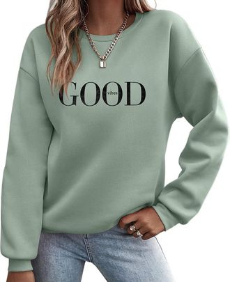 ORANDESIGNE Damen Sweatshirt Briefe Drucken Rundhals Pullover Herbst Warm Pulli Oversized Teenager M&auml;dchen Hoodie A Gr&uuml;n XXL