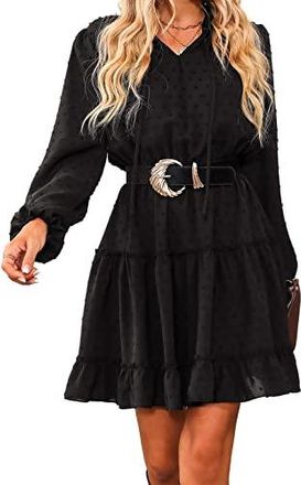 Cupshe Mini robe décontractée à volants avec cordon de serrage et col en V sans ceinture pour femme, Noir, XL