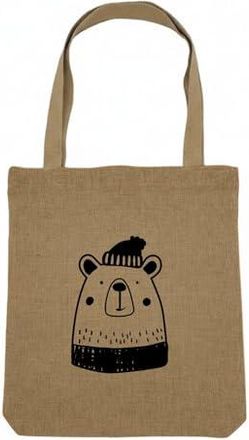 Fabulous Sac Shopping Tote Bag Aspect Lin - Ours &agrave; Bonnet Illustration Dessin Hiver Echarpe - Sac de Courses Toile Epaisse 360g Beige Naturel Cabas Port&eacute; Epaul