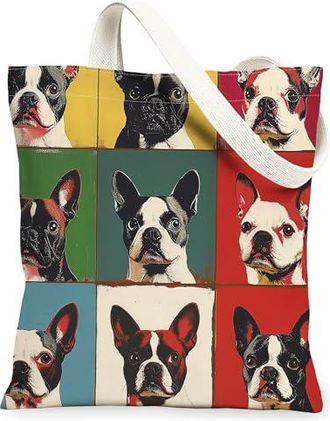 Generic Sac fourre-tout en toile Pop Art Boston Terrier pour faire du shopping, 33 x 38,1 cm, motif chiot abstrait amusant et amusant - Sac d&eacute;picerie r&eacute;utilis
