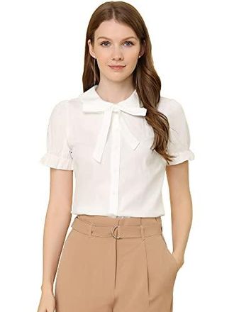 Allegra K Chemisier boutonn&eacute; en Coton &agrave; Manches Bouffantes et col Claudine pour Femmes Blanc XXL