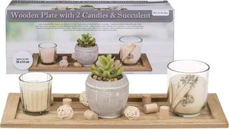 Out of the Blue Dekotablett Holz Natur - Ma&szlig;e ca. 36 &times; 14 cm - Deko-Set mit Kerzen im Glas, Sukkulente & Holzdeko - Nat&uuml;rliche Tischdeko & Geschenkidee f&uuml;r Wohnzimmer