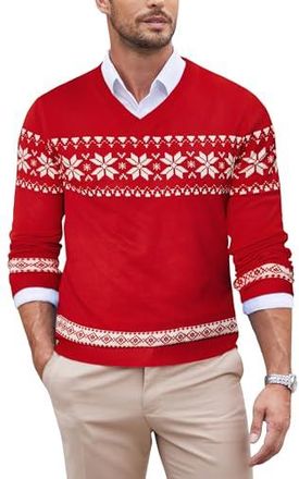 Coofandy Pull de Noël Homme Col V Pull Tricot Classique Pullover Hiver Pulls en Maille Casual Regular Fit Sweater à Manches Longues Flocons de Neige - Rouge XL