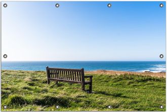 Wallario Outdoor-Poster f&uuml;r Garten oder Balkon Bank mit Aussicht, Motivbanner Gr&ouml;&szlig;e: ca. 80 x 120 cm, Outdoor-Bild