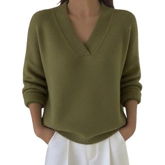 Generic Pull pour femme avec col en V et manches longues en tricot au crochet - Pull l&eacute;ger d&eacute;contract&eacute; et confortable - Coupe ample - Tenue tendance pour un u