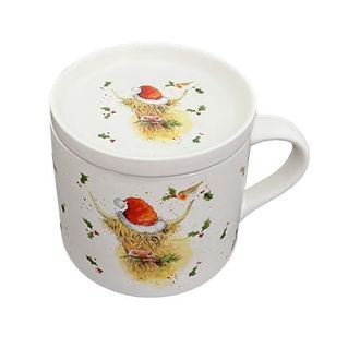 Puckator Set Tasse und Untersetzer aus Porzellan - Jan Pashley Highland Coo Noël