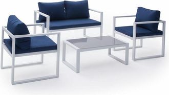 Happy Garden Happy Garden - Salon de jardin ibiza en tissu bleu 4 places - aluminium blanc