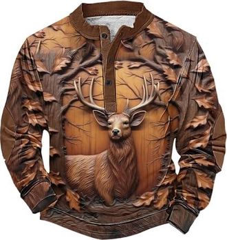 Generic Sweat-shirt r&eacute;tro dHalloween &agrave; col boutonn&eacute; pour homme, kaki, 3XL