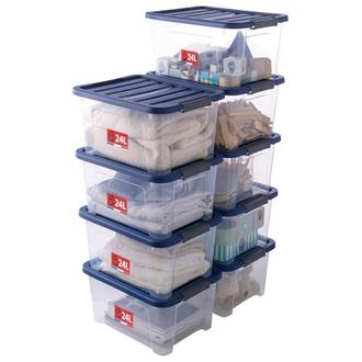 Sundis Wave Box, lot de 9 bo&icirc;tes de rangement avec couvercle clipsable 24l, en plastique transparent, superposables et empilables, id&eacute;ales pour ranger la cha