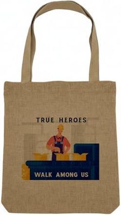 Fabulous Sac Shopping Tote Bag Aspect Lin - True Heroes - Worker Industry Job Sac de Courses Toile Epaisse 360g Beige Naturel Cabas Port&eacute; Epaule Solide Imprim&eacute;