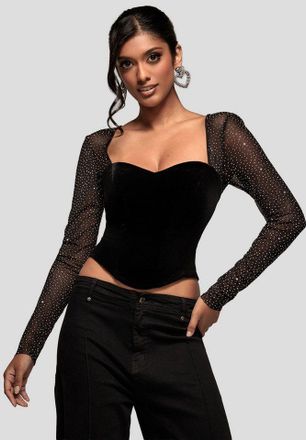 Goddiva Langarmbluse Diamante Long Sleeve Velvet Dipped Hem Top Mesh sleeve Top