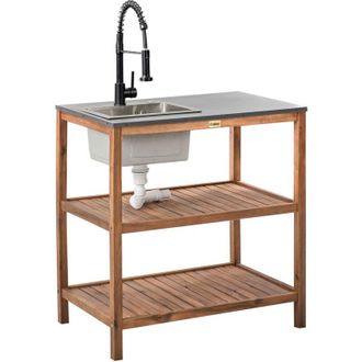 Beliani Outdoor-K&uuml;cheninsel mit Sp&uuml;le BRUCOLI Akazienholz Braun / Schwarz