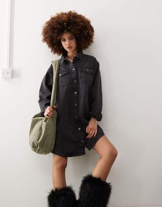 Noisy May Robe chemise en denim à manches longues - Noir délavé