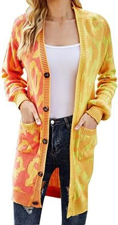 Generic 2026 Vestes dautomne et dhiver pour femme - Imprim&eacute; l&eacute;opard - Coutures tricot&eacute;es - Veste chandail mi-longue, jaune, XL