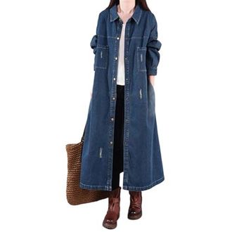 Generic Veste en jean &agrave; double boutonnage pour femme Col crant&eacute; Grande taille Trench Coat Coupe ample Tenues de printemps, bleu, XL