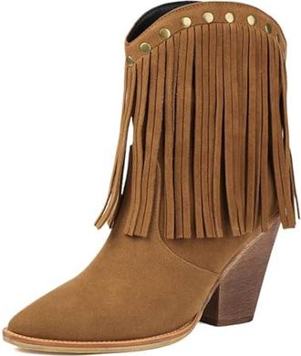 SJJH Bottines western pour femme - Talon bloc de 9,5 cm et franges - Semelle en caoutchouc antid&eacute;rapante - Pour f&ecirc;tes et loisirs, jaune, 35 EU