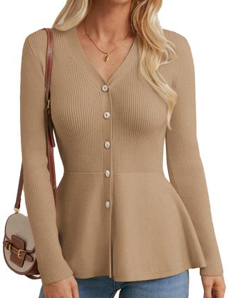 Grace Karin Pullover Damen Elegant V-Ausschnitt Knopfen Strickjacke Damen Elegant Business B&uuml;ro Strick Pulli Kamel S