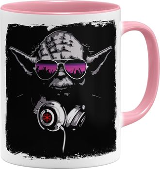 OM3 Musik Deejay DJ Yoda Kaffee-Tasse - Keramik Becher- Musikmotiv Musik - 11oz 325ml - Beidseitig Bedruckt - Rosa