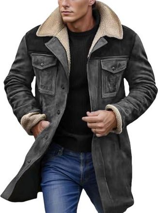Generic Manteau long homme style cowboy vintage en daim et peluche, col en peluche, veste longue dhiver similicuir, fermeture éclair, haut décontracté rétro 2