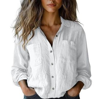 Generic Chemise d&eacute;contract&eacute;e en coton et lin pour femme - Manches longues - Couleur unie - Haut de travail ample avec poches - T-shirt &agrave; manches longues pour 