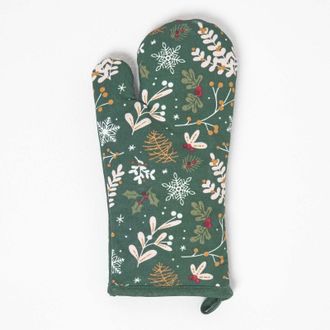 Homescapes Ofenhandschuh Weihnachtswald gr&uuml;n, Backhandschuh Weihnachten 18x32 cm, waschbarer Topfhandschuh aus Baumwolle mit Weihnachts-Motiv