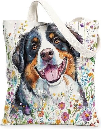 Generic Sac fourre-tout en toile motif chien de montagne bernois printanier 33 x 38,1 cm, sac r&eacute;utilisable &agrave; motif imprim&eacute; aquarelle pour femme, animal de com