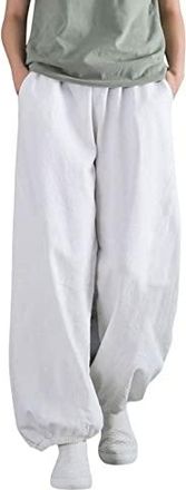 Generic Pantalon sarouel en coton et lin pour femme, coupe ample, coupe décontractée, jambe droite, pantalon de jogging avec poches, blanc, M