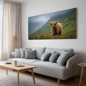 Generic Leinwand Bilder Wandbilder Wohnzimmer, Badezimmer Bilder 90 x 60 cm Neblig Gebirge Tier Hochlandrind Vlies Leinwand Gem&auml;lde Wandgem&auml;lde Zimmer Deko au