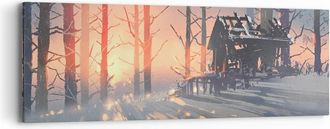 Arttor Panorama Bilder auf Leinwand Winter Wald Hütte Leinwandbild 90x30cm Wandbilder Dekoration Wohnzimmer Schlafzimmer Küche Klein Wanddeko Bild Wand Kunst
