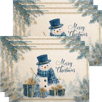 Generic 6er Set Schneemann Weihnachten Tischsets Blau Winter Urlaub Dekorative Platzsets f&uuml;r Esstisch rutschfest Waschbar Indoor Outdoor K&uuml;che Party