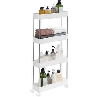 Songmics Rollwagen, Küchenwagen mit 4 Ebenen, Küchenregal, Nischenregal, mit 6 Haken, 360° drehbare Räder, Stahlgestell, Bad, Küche, Büro, weiß KSC08WT