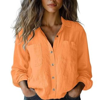 Generic Chemise d&eacute;contract&eacute;e en coton et lin pour femme - Manches longues - Couleur unie - Haut de travail ample avec poches - T-shirt &agrave; manches longues pour 