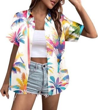 Generic Chemise de plage tropicale hawa&iuml;enne avec palmier pour femme - Chemise de croisi&egrave;re d&eacute;t&eacute; dans les Cara&iuml;bes - Chemise graphique boutonn&eacute;e &agrave; manches cou