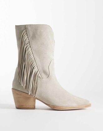 Bronx Jukeson - Santiags en daim &agrave; franges - Sable-Neutre