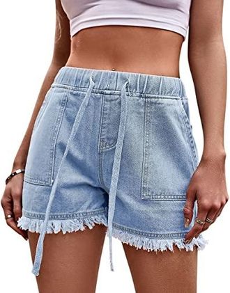 ORANDESIGNE Short en Jean Femme Taille Haute Pantalon Court Été Chic Et Elegant Shorts Denim Casual Mode Ample Bermuda en Jean Pants Pantalon Frange Bleu Clair XX