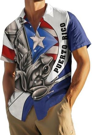 Generic Chemise hawa&iuml;enne pour homme, grenouille drapeau de Porto Rico | Chemise d&eacute;contract&eacute;e boutonn&eacute;e d&eacute;t&eacute; imprim&eacute;e | &Agrave; porter au quotidien, Vacation Puerto