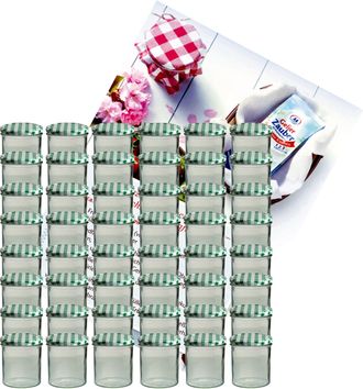 MamboCat 48er Set Sturzglas 350 ml Marmeladenglas Einmachglas Einweckglas to 82 grün Karierter Deckel incl. Diamant-Zucker Gelierzauber Rezeptheft