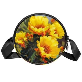 Generic Petit sac &agrave; bandouli&egrave;re rond pour femme, motif fleurs de cactus avec fermeture &eacute;clair, bretelles r&eacute;glables, sac &agrave; main rond d&eacute;contract&eacute; pour femmes et