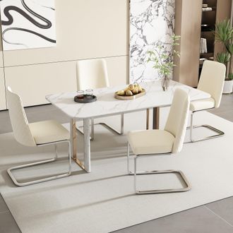 Merax Schwingstuhl 4er-Set, Samt Esszimmerstühle mit Metall-Stützbeinen, bequemer Freischwinger Stühle für Wohnzimmer, Schlafzimmer, Samt, Beige & Silber