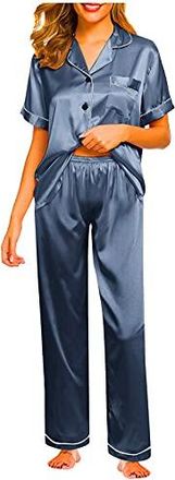 Generic Pyjama Femme &Eacute;t&eacute; en Coton en Satin De Soie Chemise De Nuit Chemise avec Boutonni&egrave;re Tops Et Pantalon Longs Pyjama Set Respirant Pantalon De Pyjama pou
