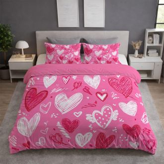 Generic Bettw&auml;sche 155 x 220 cm 2er Set Bettbezug Set Mit Kissenbezug 80 x 80 cm Rosa Romantisch Handgezeichnet Herz Weicher und Strapazierf&auml;higer Mikrofasera