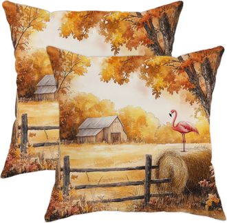 Generic Herbstflamingos Sofakissen Atmungsaktiv Dekokissen Mit Rei&szlig;verschluss Zierkissenbez&uuml;ge F&uuml;r Balkon Heimdekoration Hotel 45X45Cm 2Er Set